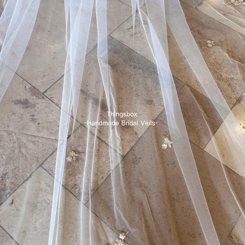 Champagne Lace 3D Flower Lace Veil Pearl Flowery Bridal Veil, Cathedral ...
