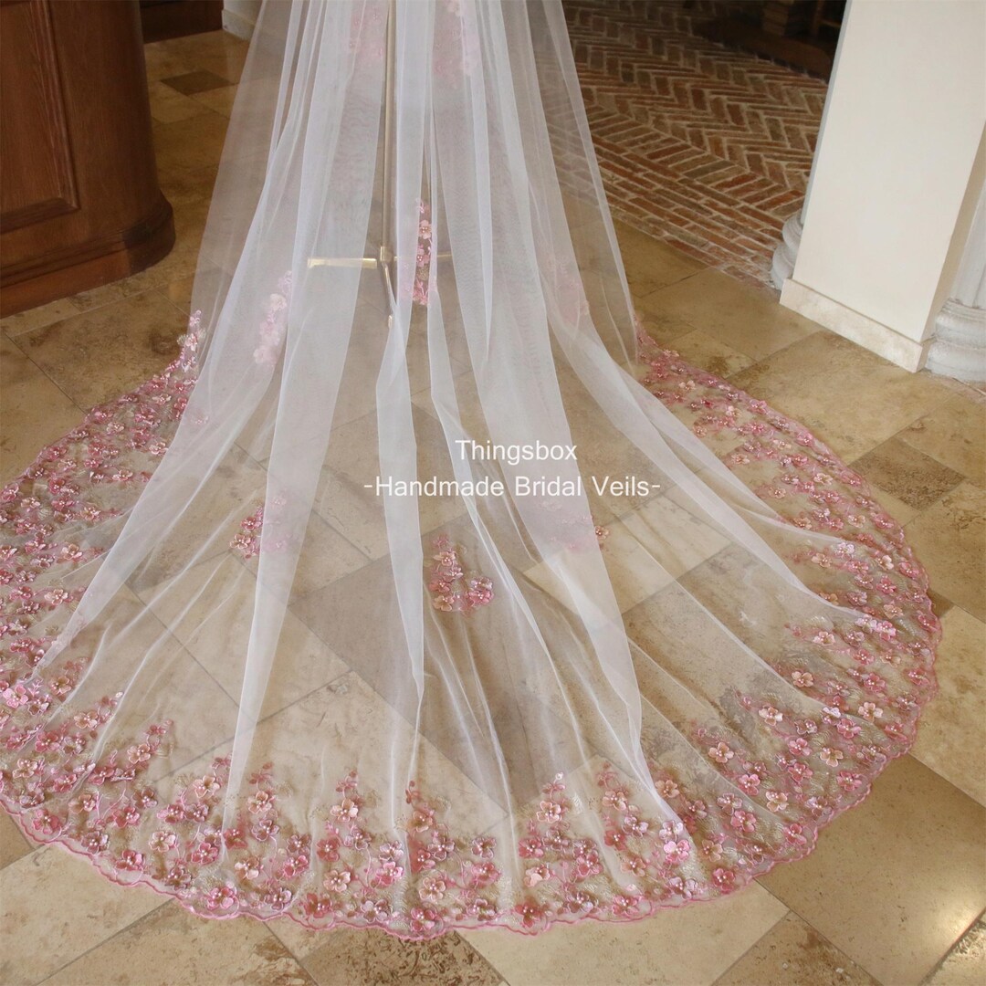 Handmade Lavender Pink Floral Pearl Veil Romantic Bridal Wedding Veil ...
