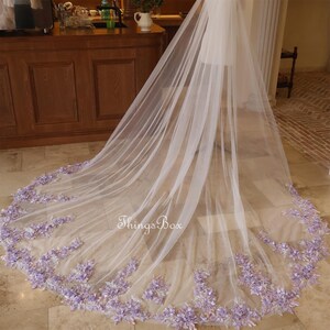 Lavender Flower Lace Veil Rhinestone Crystal Veil Pearl Flowery Bridal ...