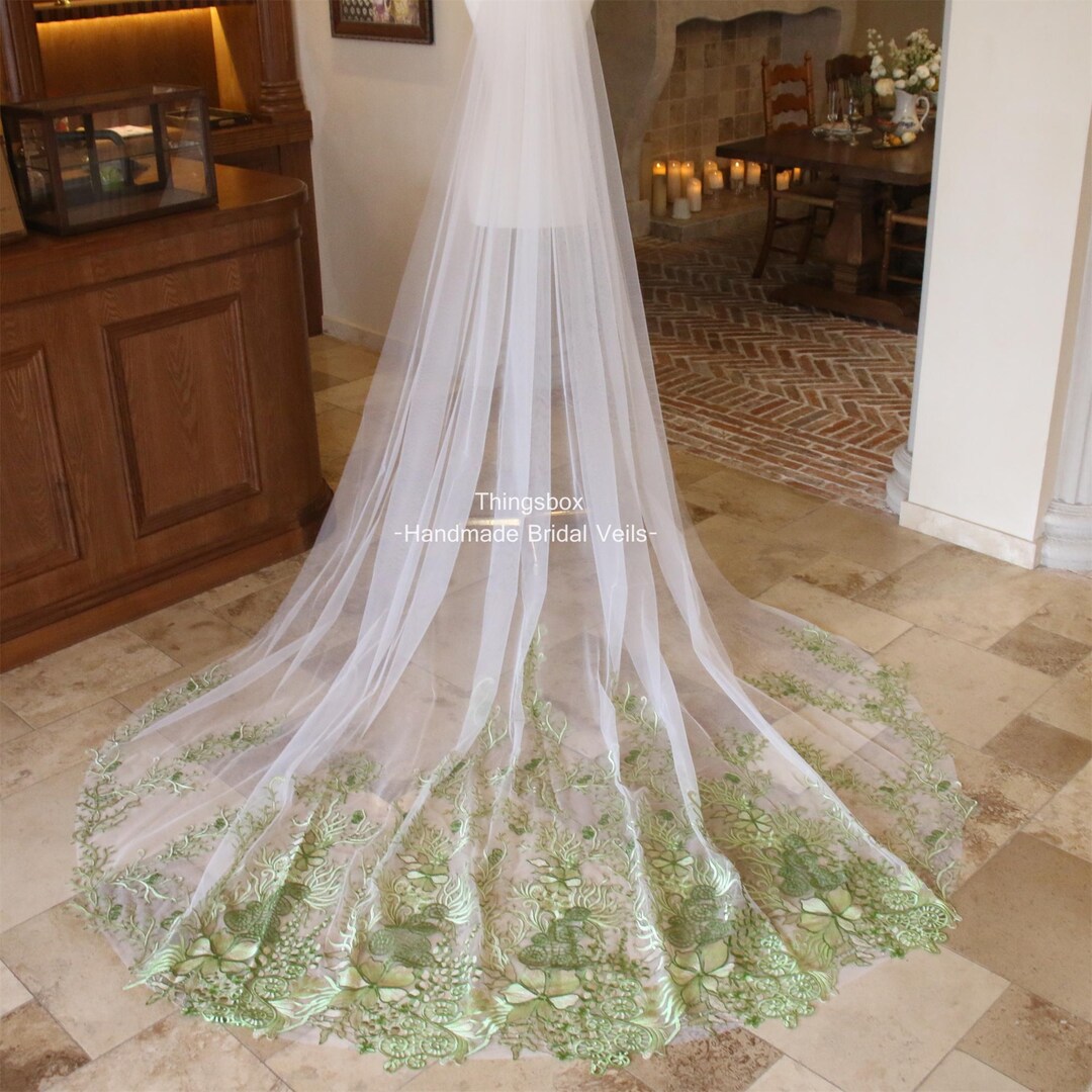 Green Plant Lace Veil, Green Seaweed Lace Bridal Veil, Delicate Floral Lace Veil, Nature ...