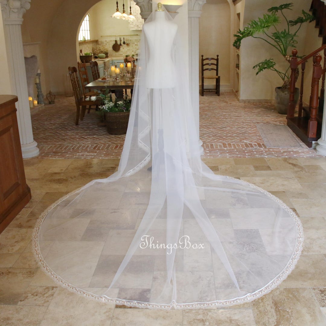 Round Veil Daisy Flowers Lace Trimming Veil Long Round Bridal Veil ...