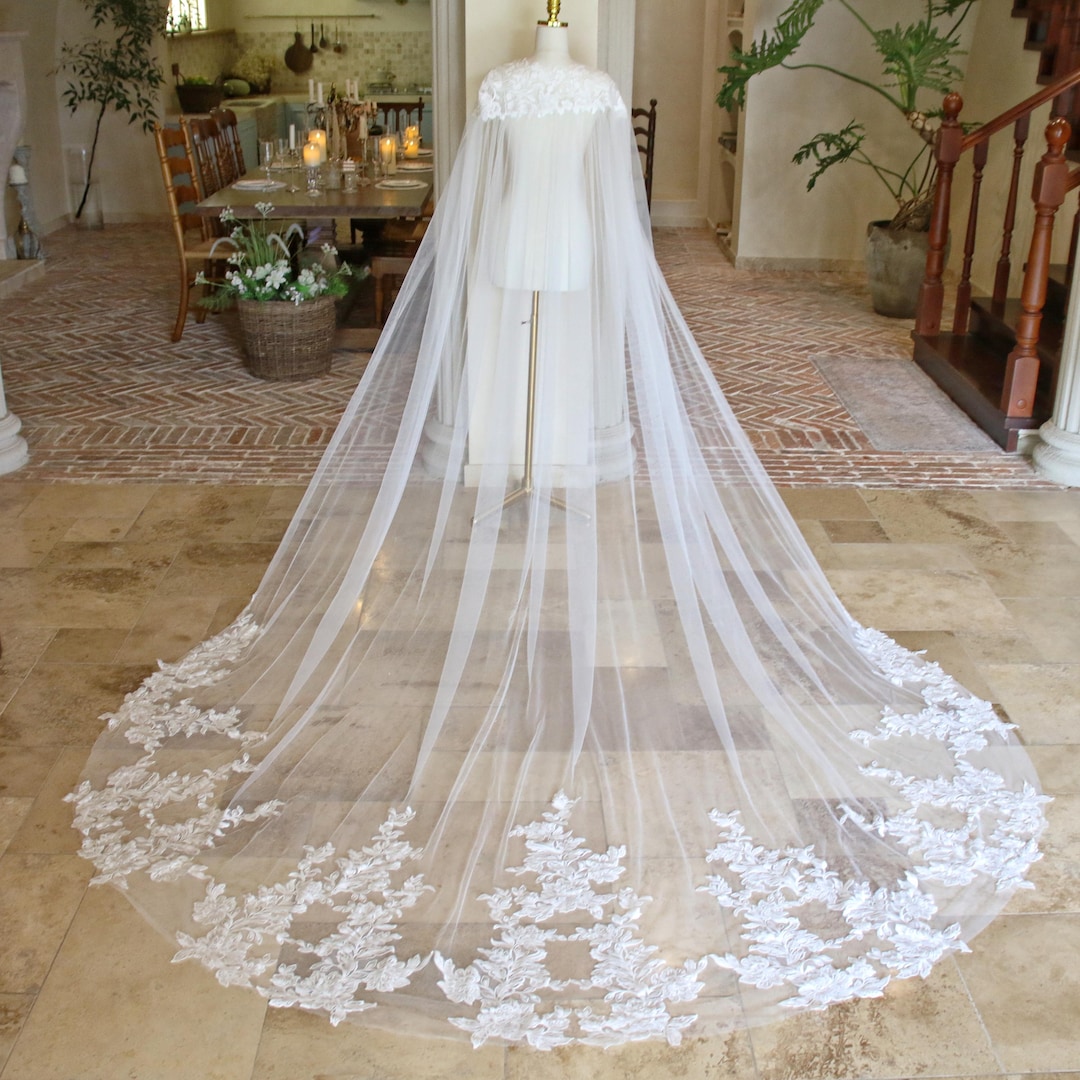 Peony Lace Applique Shoulder Cape Veil for Brides Floral Tulle Lace ...