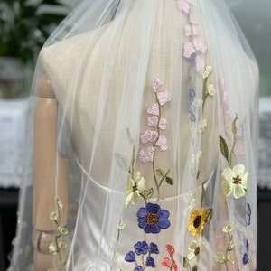 Colorful Flowers Lace Applique Wedding Veil, Tulle Bridal Veils Short ...