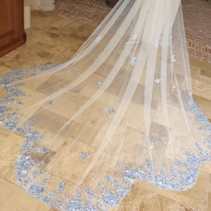 Blue Floral Lace Veil Bridal Veil Pearl Floral, Gold Embroidery Lace ...