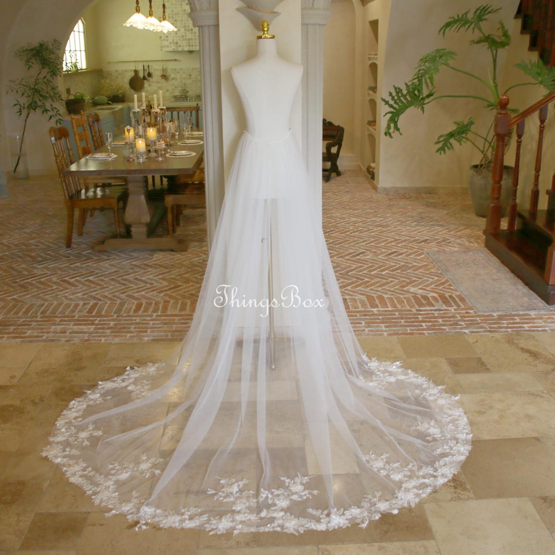 Leaf Flower Lace Wedding Train Floral Tail Veil 1 Layer, Ivory Sheer ...