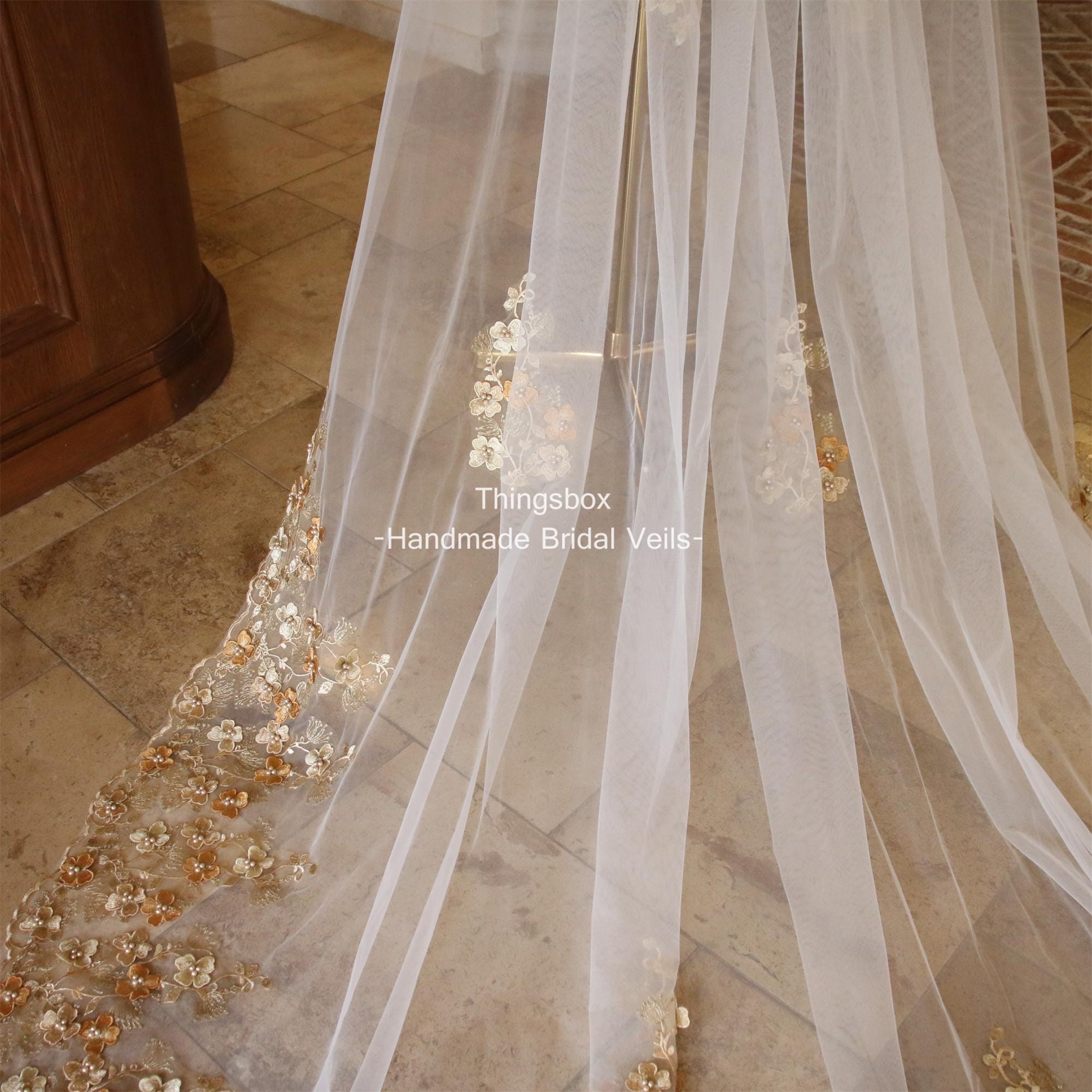 Glamorous Gold Flower Lace Bridal Wedding Veil,cathedral Veil Vintage ...