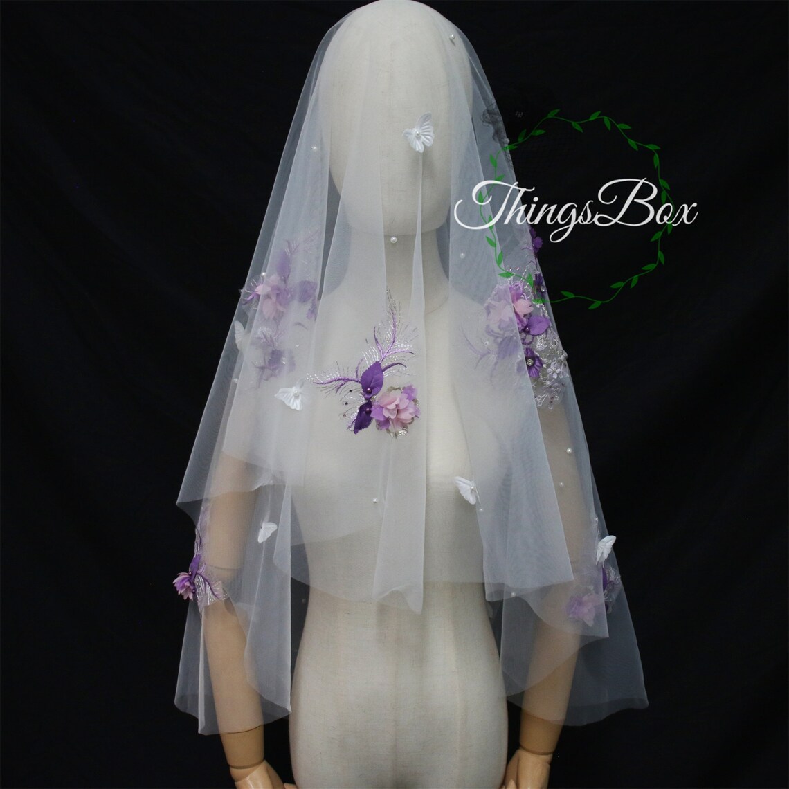 Purple Flowers Lace Short Wedding Veil, Crystal Pearl Tulle Veil Waltz ...