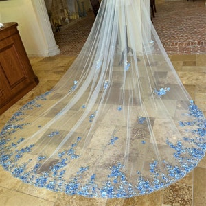 Blue Floral Lace Veil Bridal Veil Pearl Floral, Gold Embroidery Lace ...