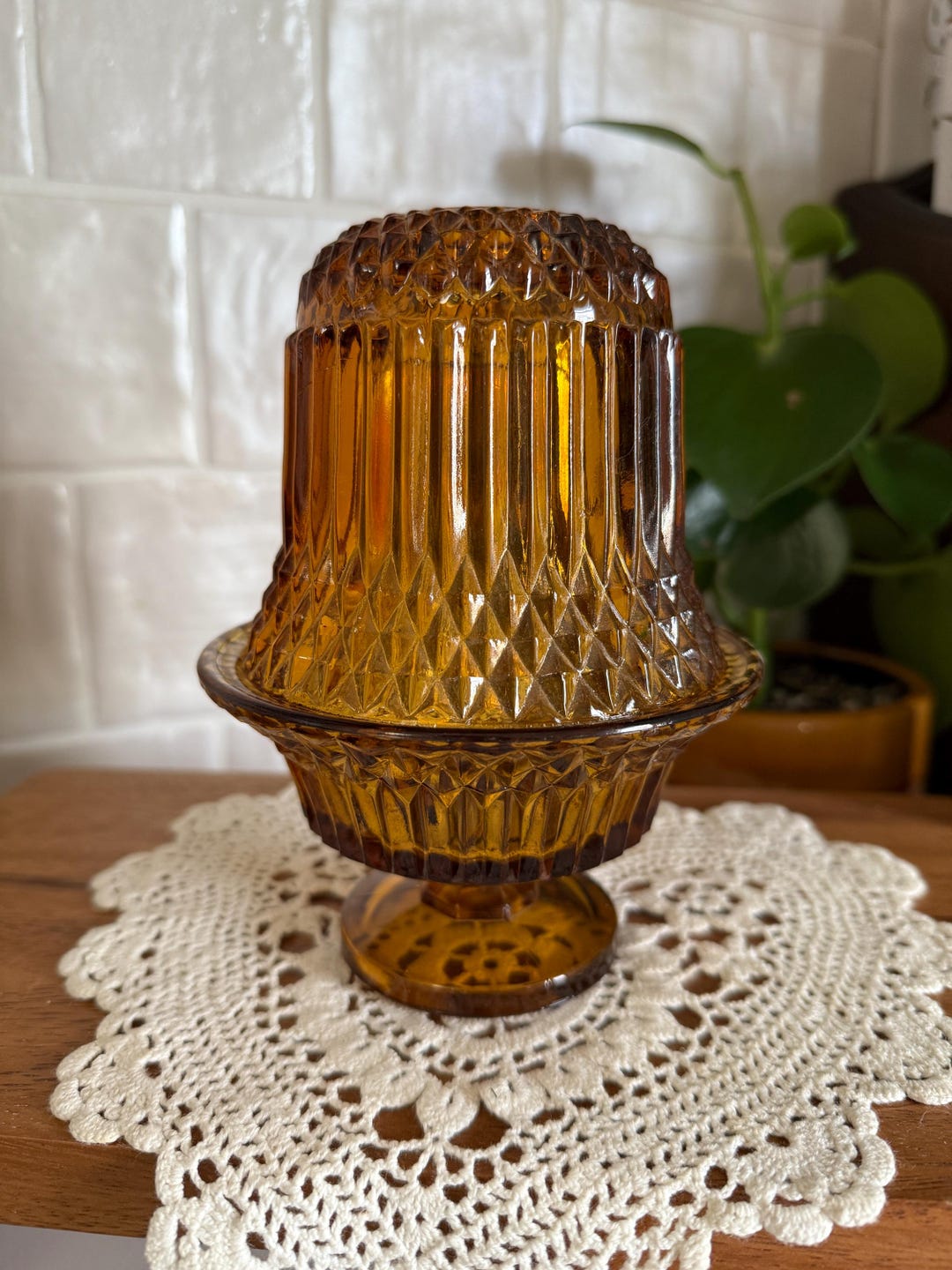 Indiana Glass Amber Diamond Point Fairy Lamp Pedestal Vintage Tiara ...
