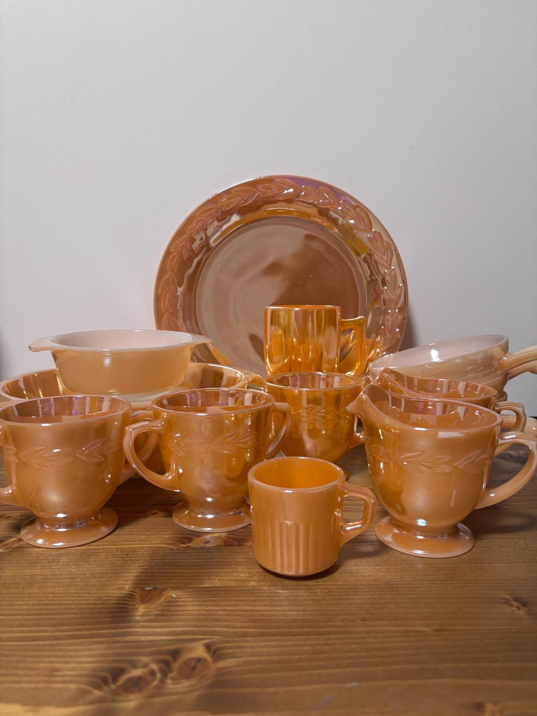 Vintage Fire King Peach Lusterware Set: Dinner Plate, Casserole, Mugs ...