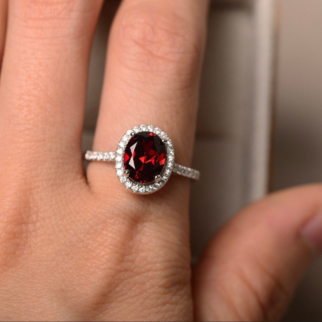 Garnet Ring, Halo Rings , Sterling Silver ,handmade Ring, January Birthstone Ring, Oval Cut ...