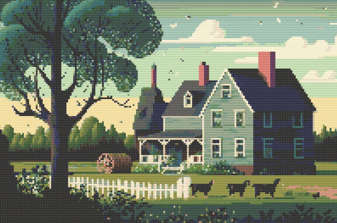 Green Farmhouse Farm Scene Cross-stitch Pattern Digital Download - Etsy