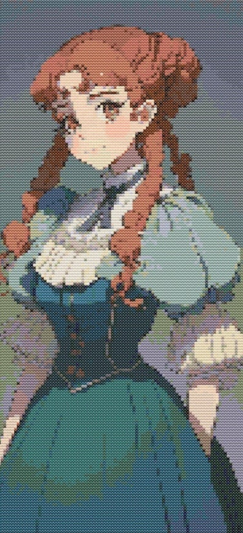 Redheaded Anime Girl in Blue Dress Vertical Cross-stitch Pattern ...
