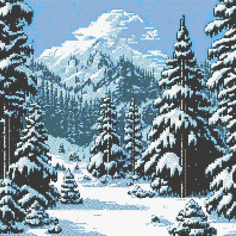 8-bit Snowy Winter Scene With Mountains and Evergreens - Etsy