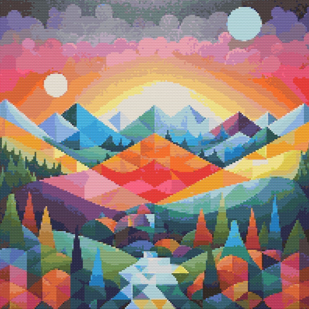 Geometric Landscape in Bright Colors 4 Cross-stitch Pattern Digital ...