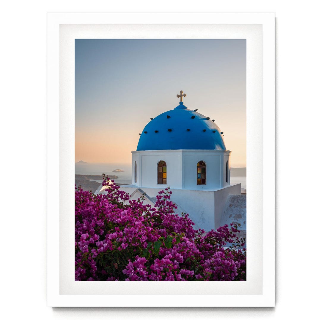 Santorini Sunset Print: Blue Dome Church, Greece Fine Art Photography ...