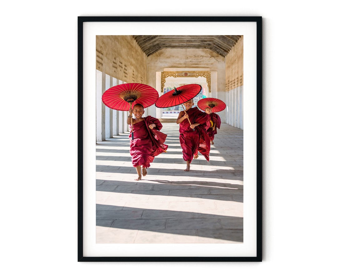 Joyful Monks Print Positive Energy Wall Art, Buddhism Framed Wall Decor ...
