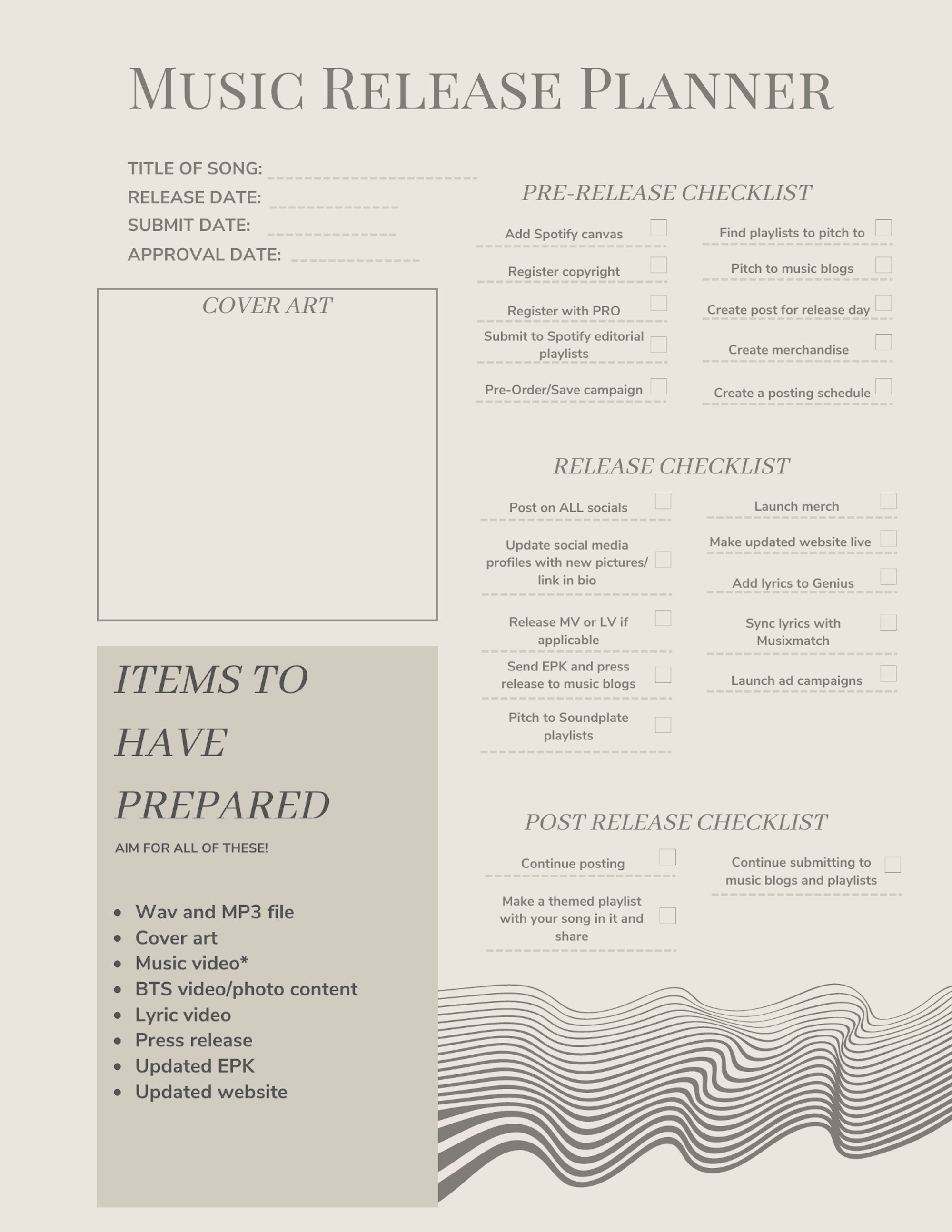 Music Artist Planner Kit for Independent Musicians With Release Day ...