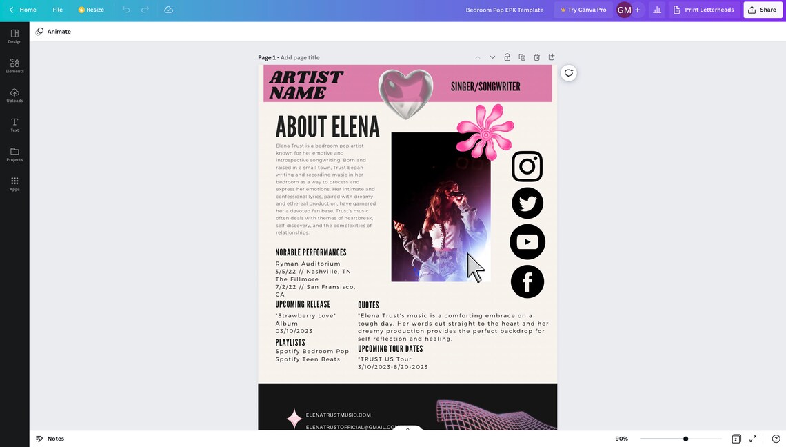 EPK Canva Template Bedroom Pop Artist | Electronic Press Kit Template | Media Kit Template ...