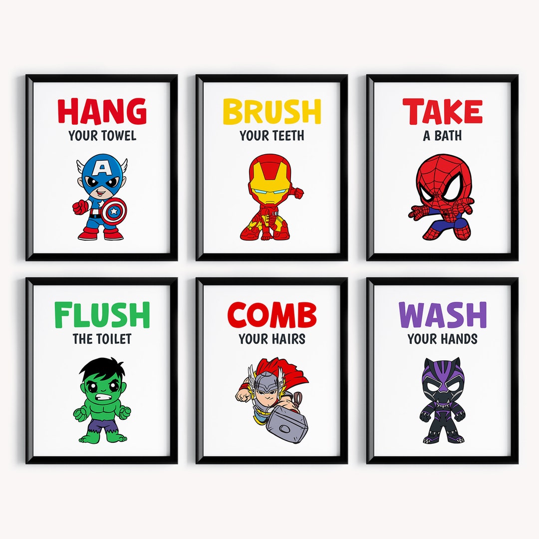 Superhero Kids Bathroom Art Set of 6, Kids Bathroom Rules, Bathroom ...