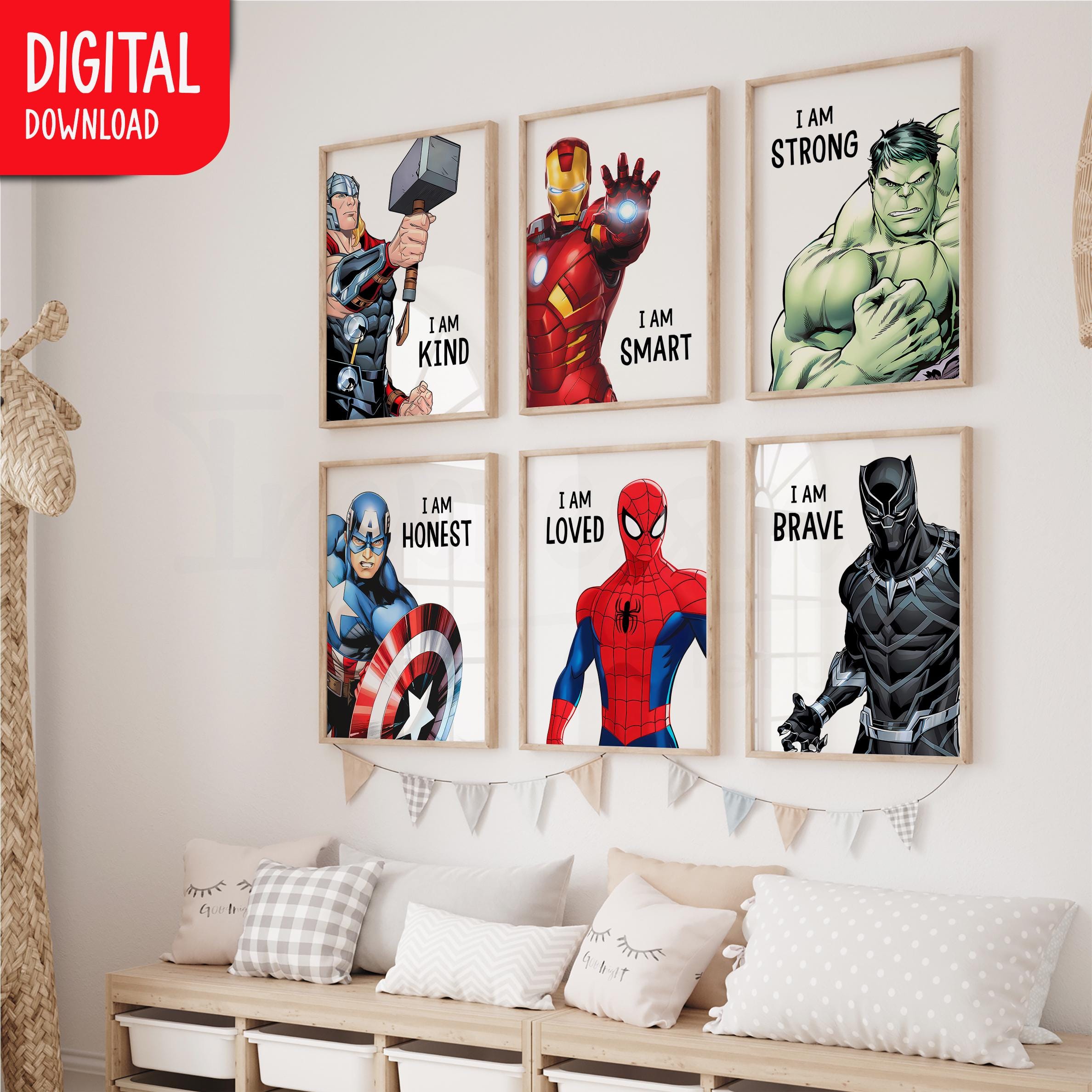 Avengers Superhero Affirmation Prints, Set of 6, Kids Room Decor ...