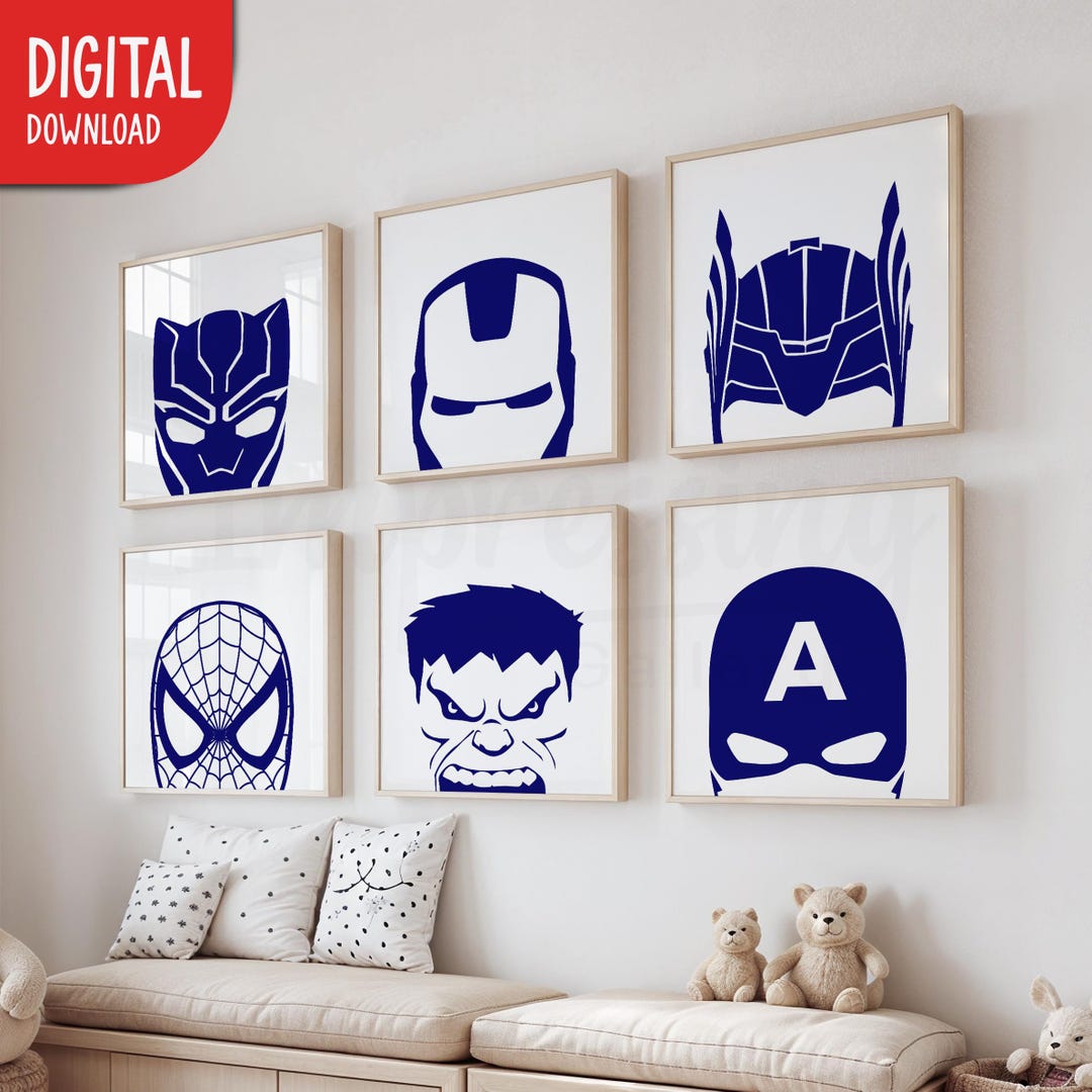 Superhero Symbols, Navy Blue, Set of 6, Avengers, Nursery Wall Art ...