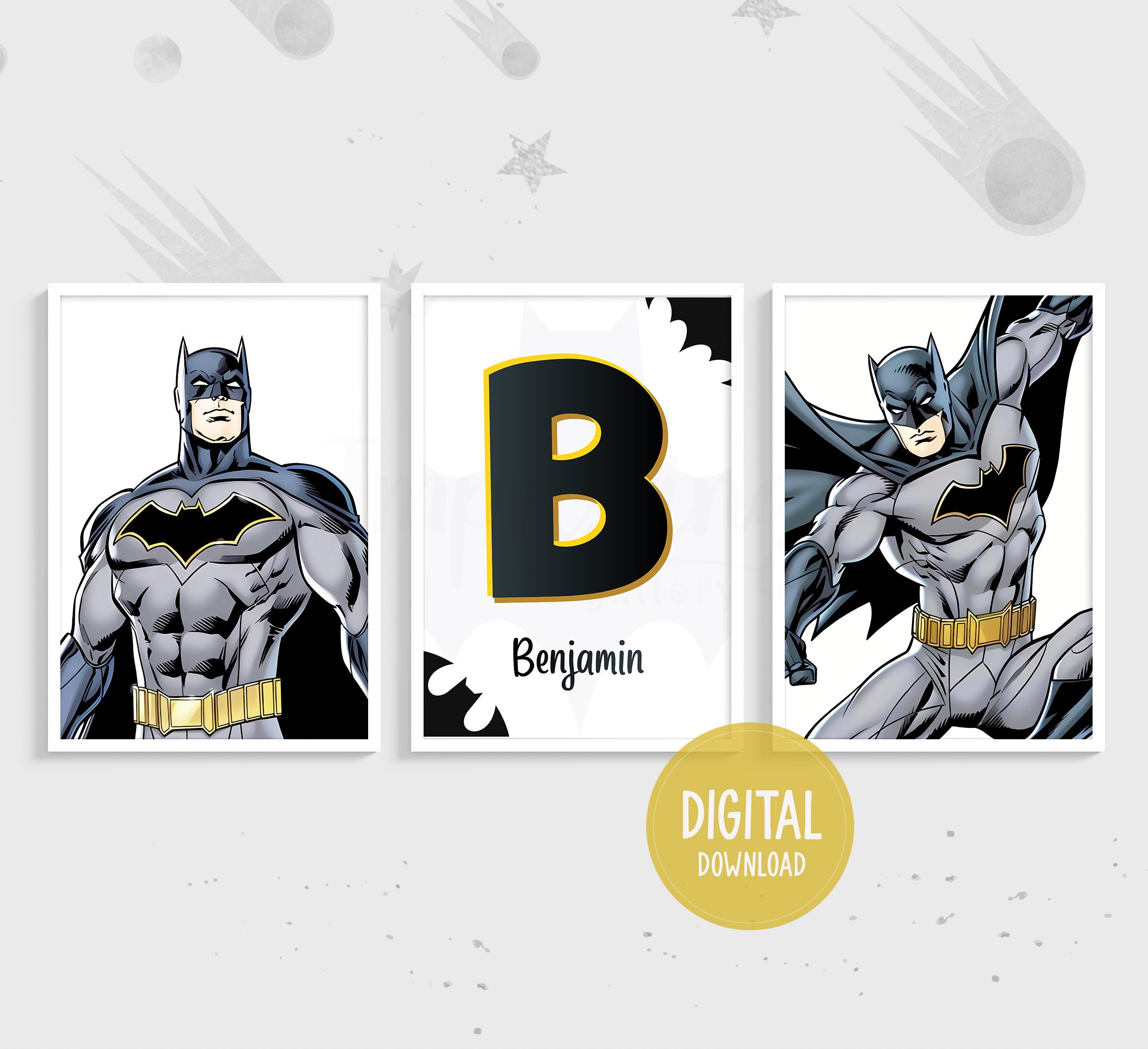 Batman Themed Personalised Name Wall Art, Set of 3 Prints, Batman ...