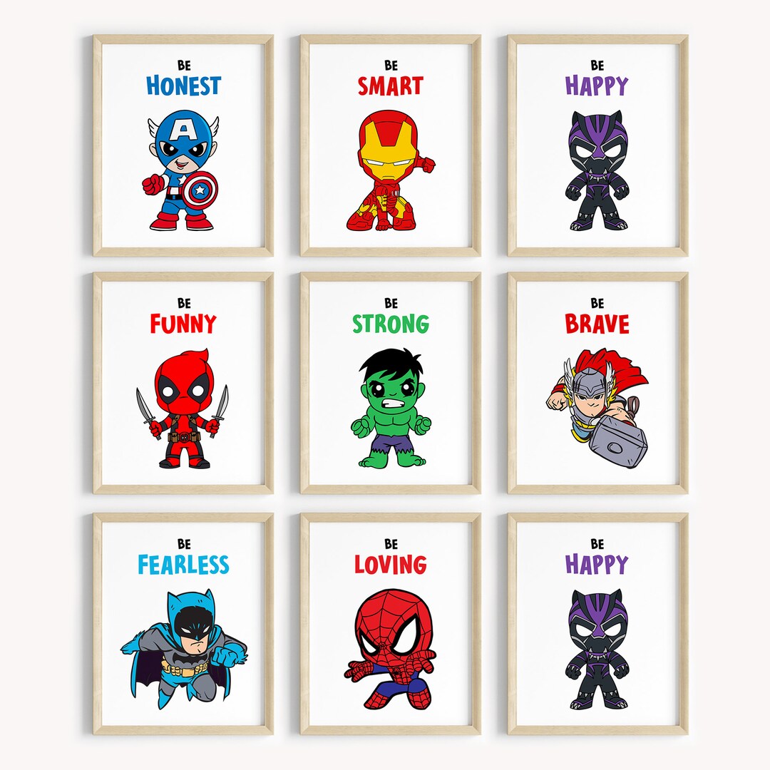 Superhero Affirmations Wall Art, Set of 9, I Am Brave, Superhero Prints ...