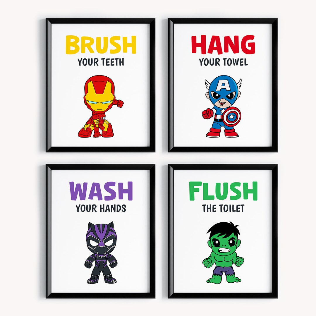 Set of 4 Superhero Kids Bathroom Art, Bathroom Wall Art, Kids Bathroom ...