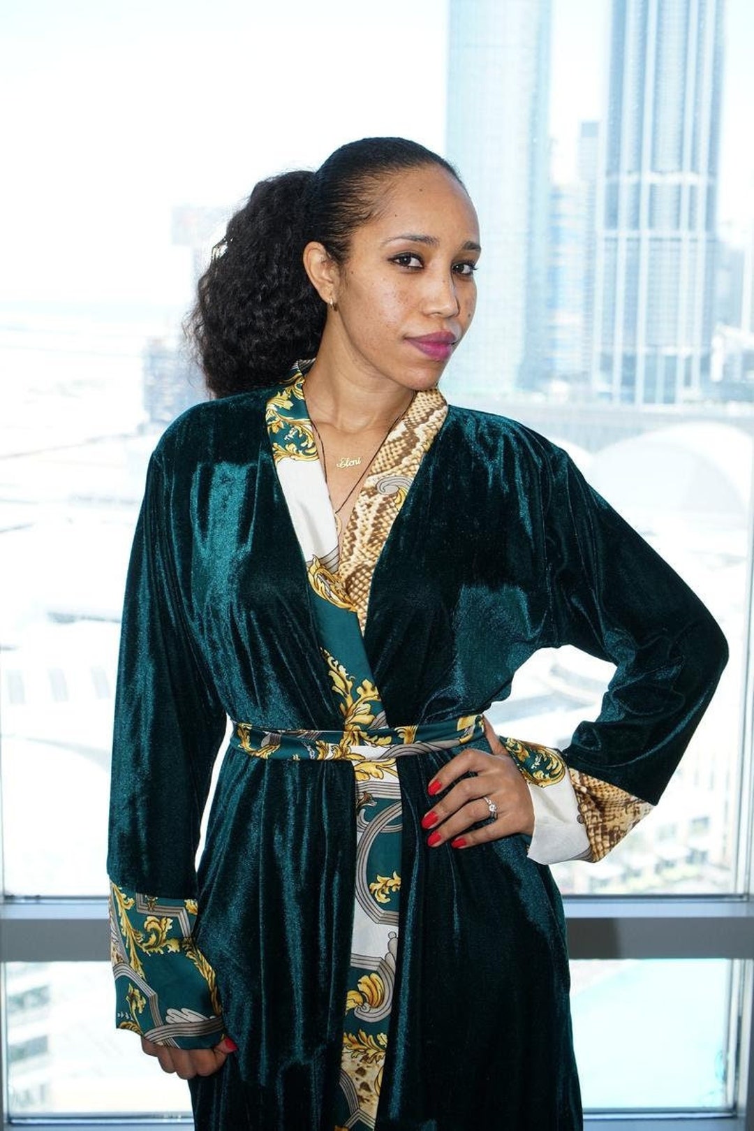 Aubrey Green & Gold Robe, Luxury Velvet Kimono, Warm Winter Robe ...