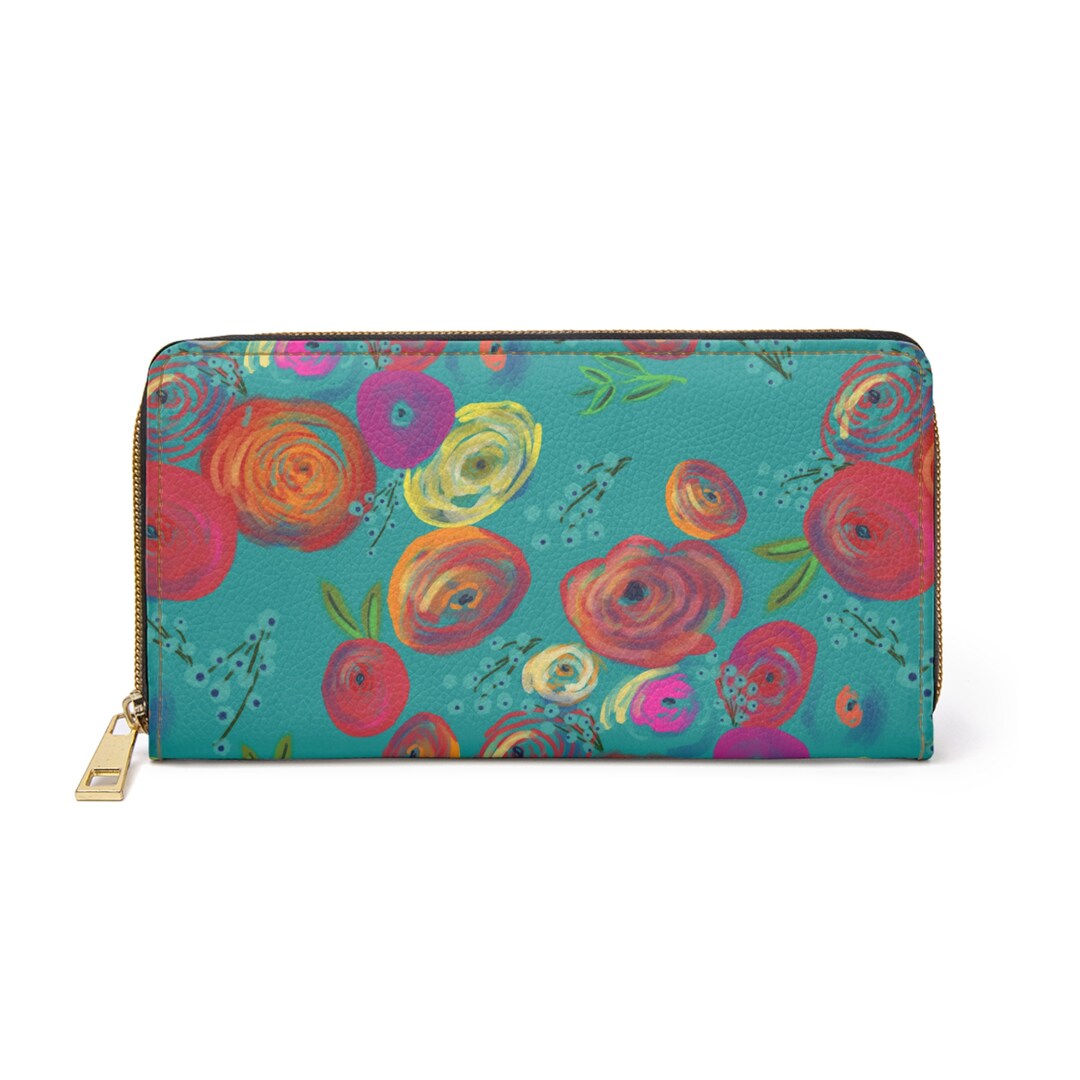 Teal Bright Painted Floral Print Womens Wallet, Slim Wallet, Zipper ...