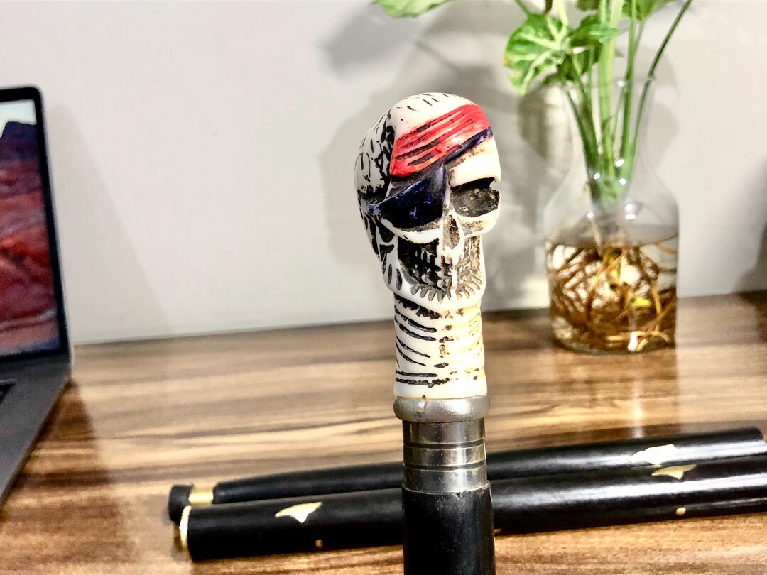 Skull Walking Cane With Pirate Eye Patch 37 Handcrafted 3 Fold Wooden ...