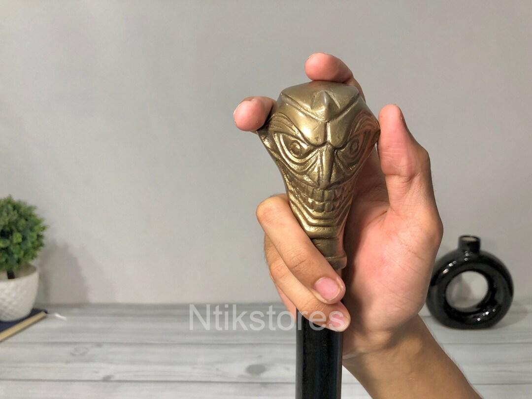 Laughing Joker Head Walking Cane: Brass Grip, 3-fold Wooden Stick - Etsy
