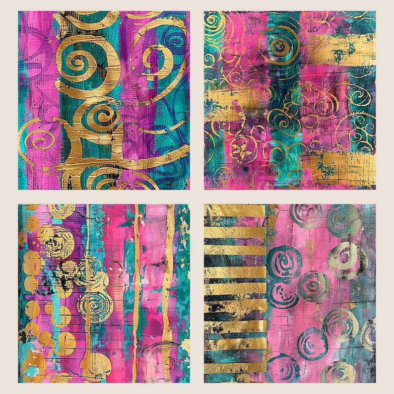 Golden Spirals Digital Paper Pack – Abstract Gel Print Style, Gold ...