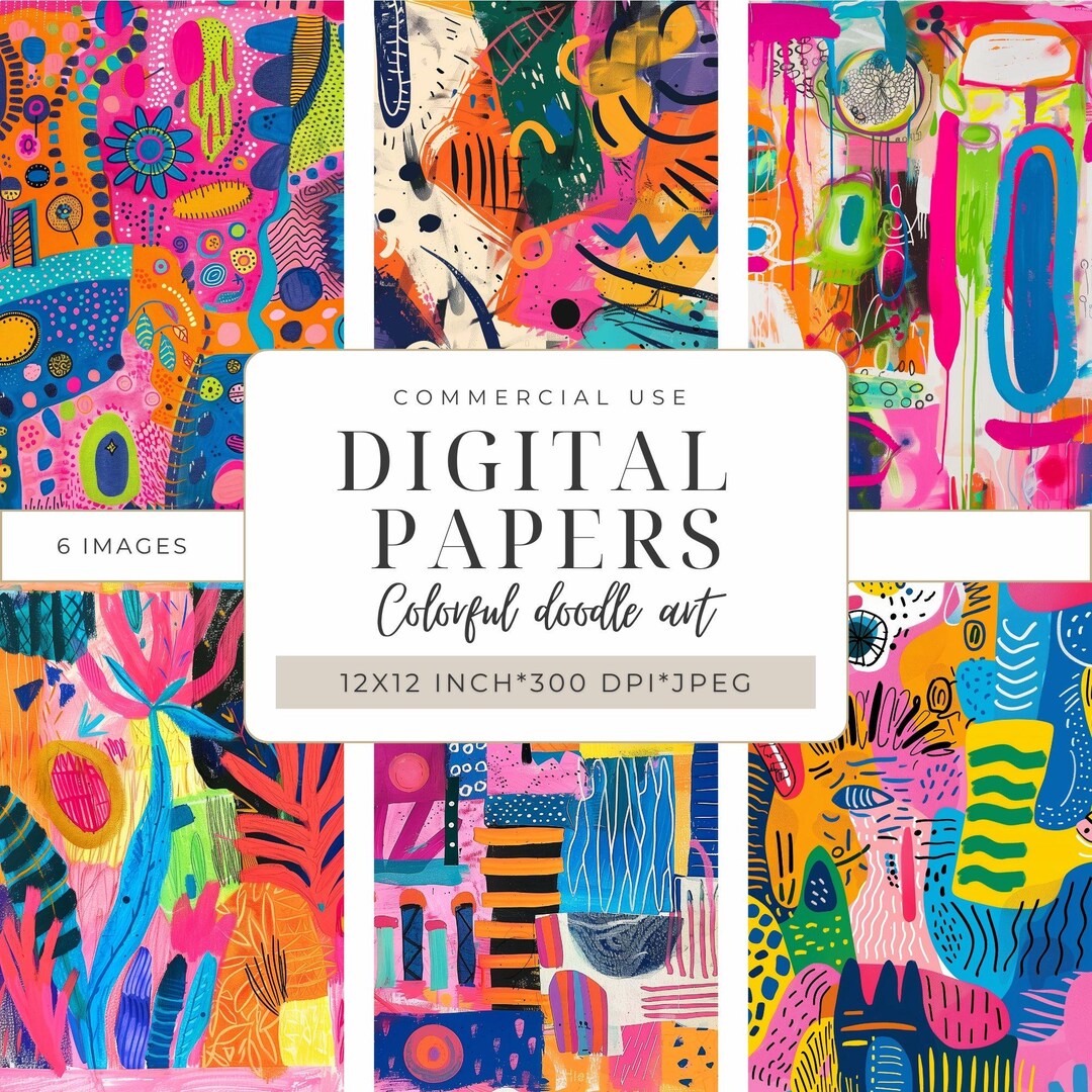 Bright and Colorful Doodle Art I Digital Papers Pack | Printable ...