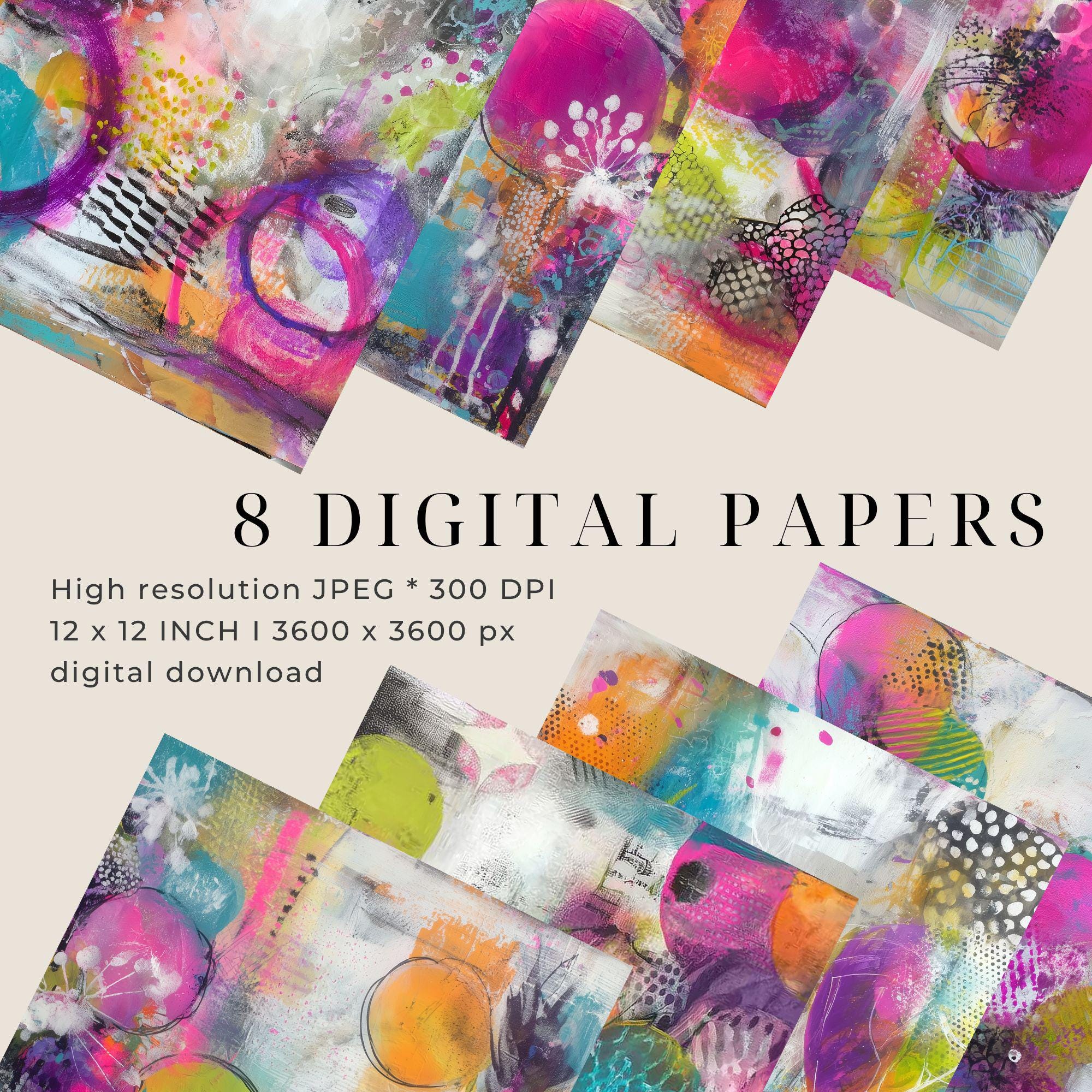 Gelli Print Style Digital Papers, Abstract Circles & Grunge Layers ...