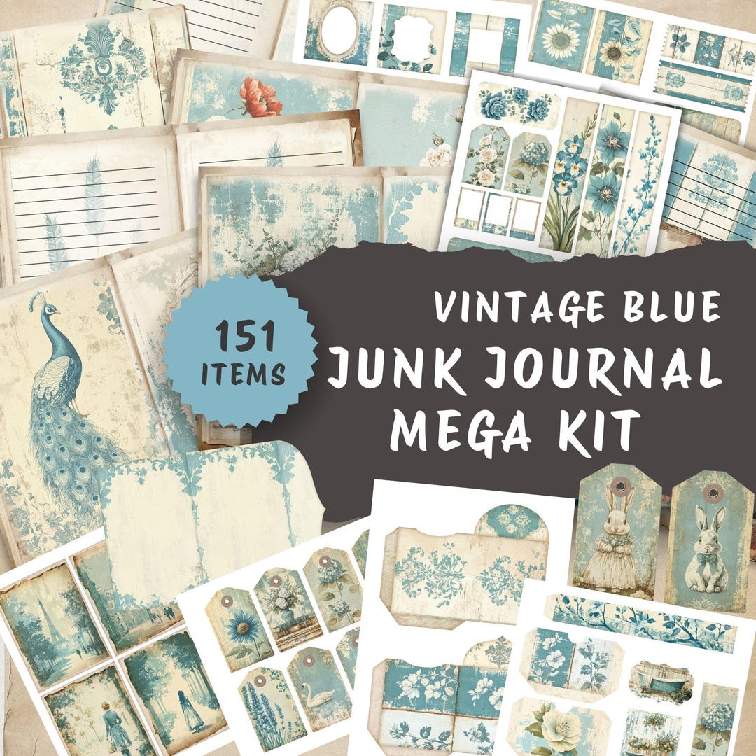 Vintage Blue Junk Journal Mega Kit 151 Piece I Printable Journal Papers ...