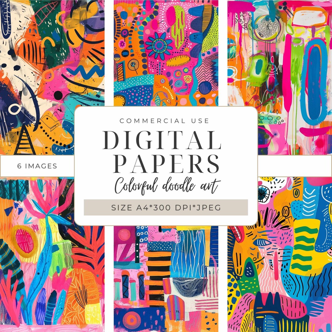 Bright and Colorful Doodle Art I A4 Size Digital Papers Pack ...