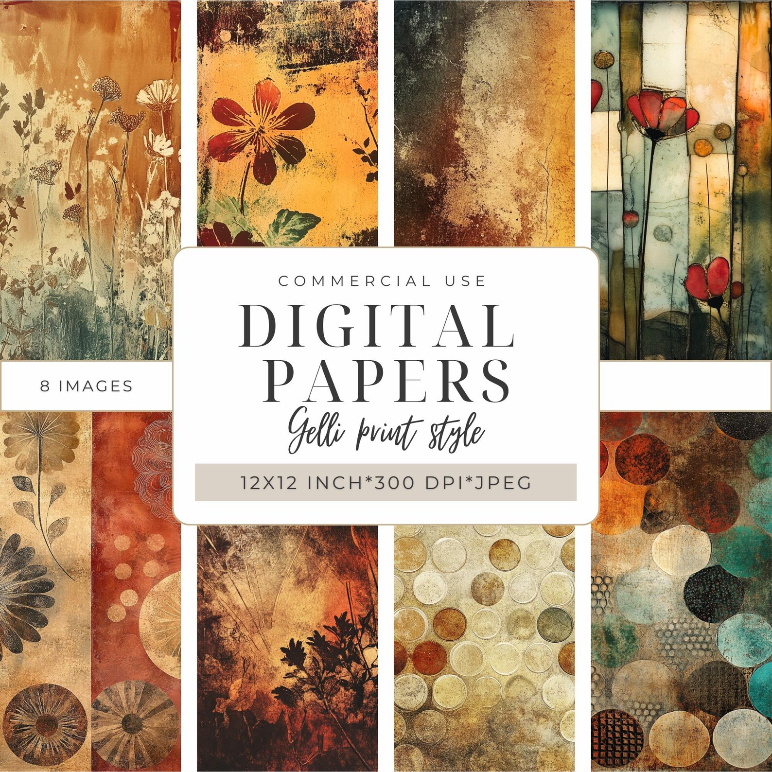 Gelli Print Style Floral Pattern Digital Papers Pack I Earthy Colors I ...