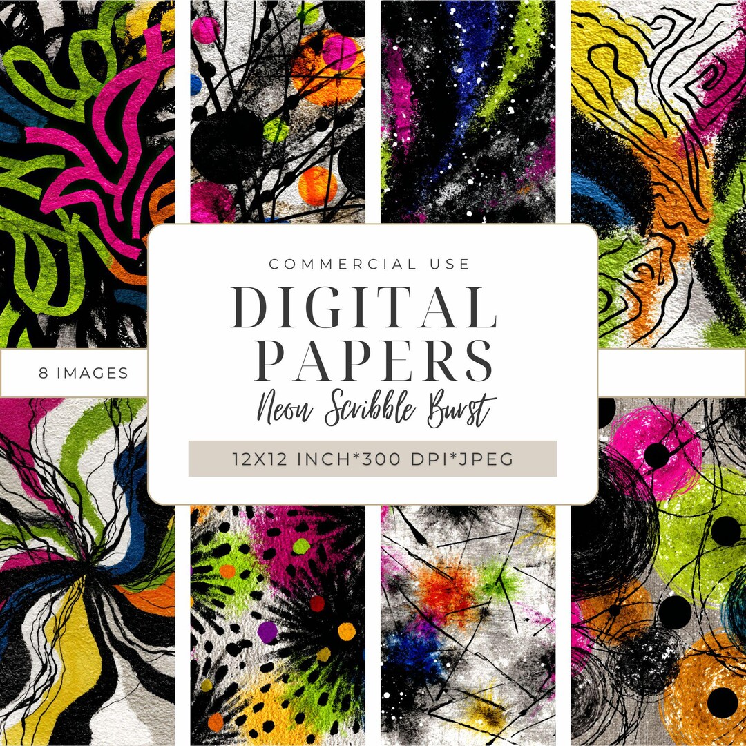 Neon Scribble Burst Digital Papers – 80s Graffiti Pop Art for ...