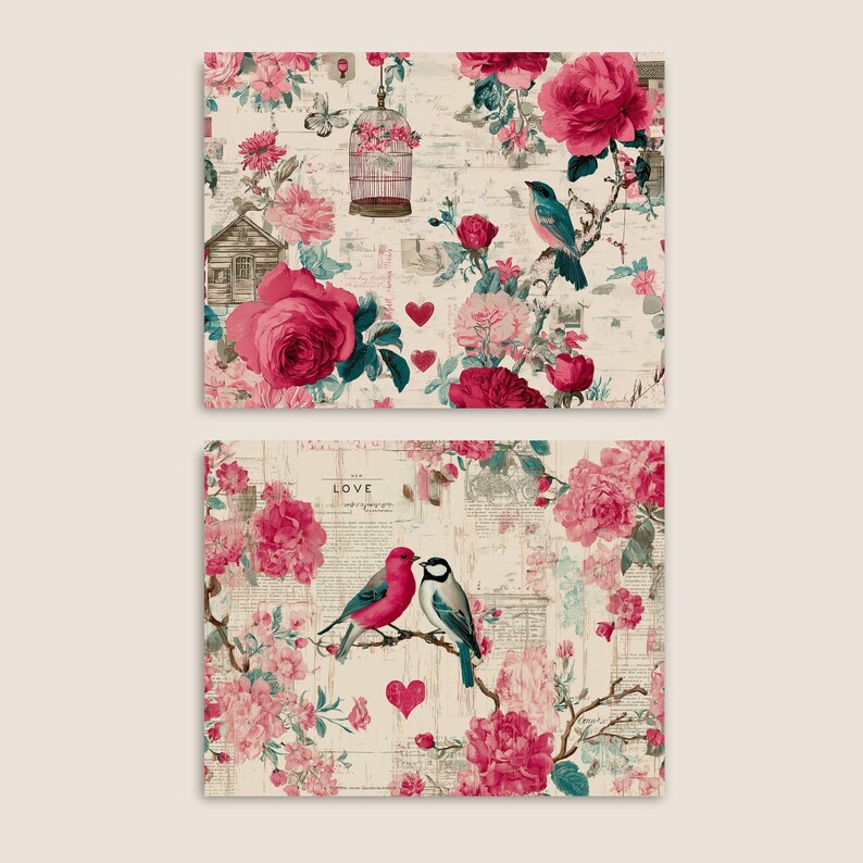 Vintage Rose Floral Digital Paper - Love Letters, Birds (11x8.5", 300 ...