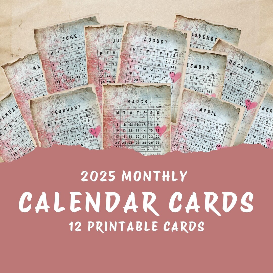 2025 Monthly Calendar Cards, Blue, Pink, Vintage I Printable Ephemera I ...