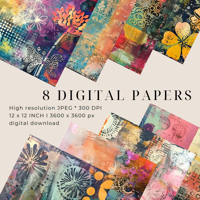 Digital Papers, Gel Print Style for Collage, Mixed Media and DIY Crafts ...