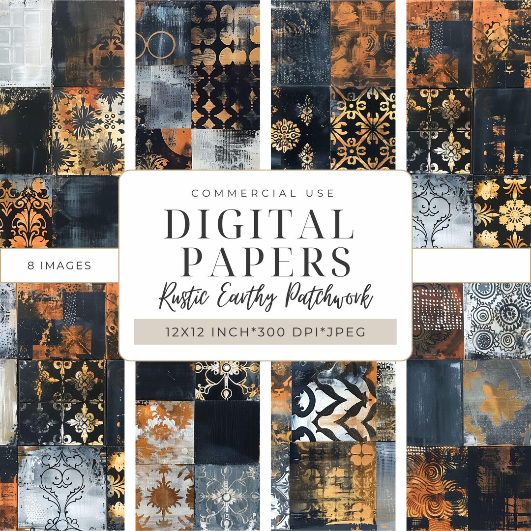 Rustic Earthy Patchwork: Digital Papers Set, Vintage Tiles & Patterns ...
