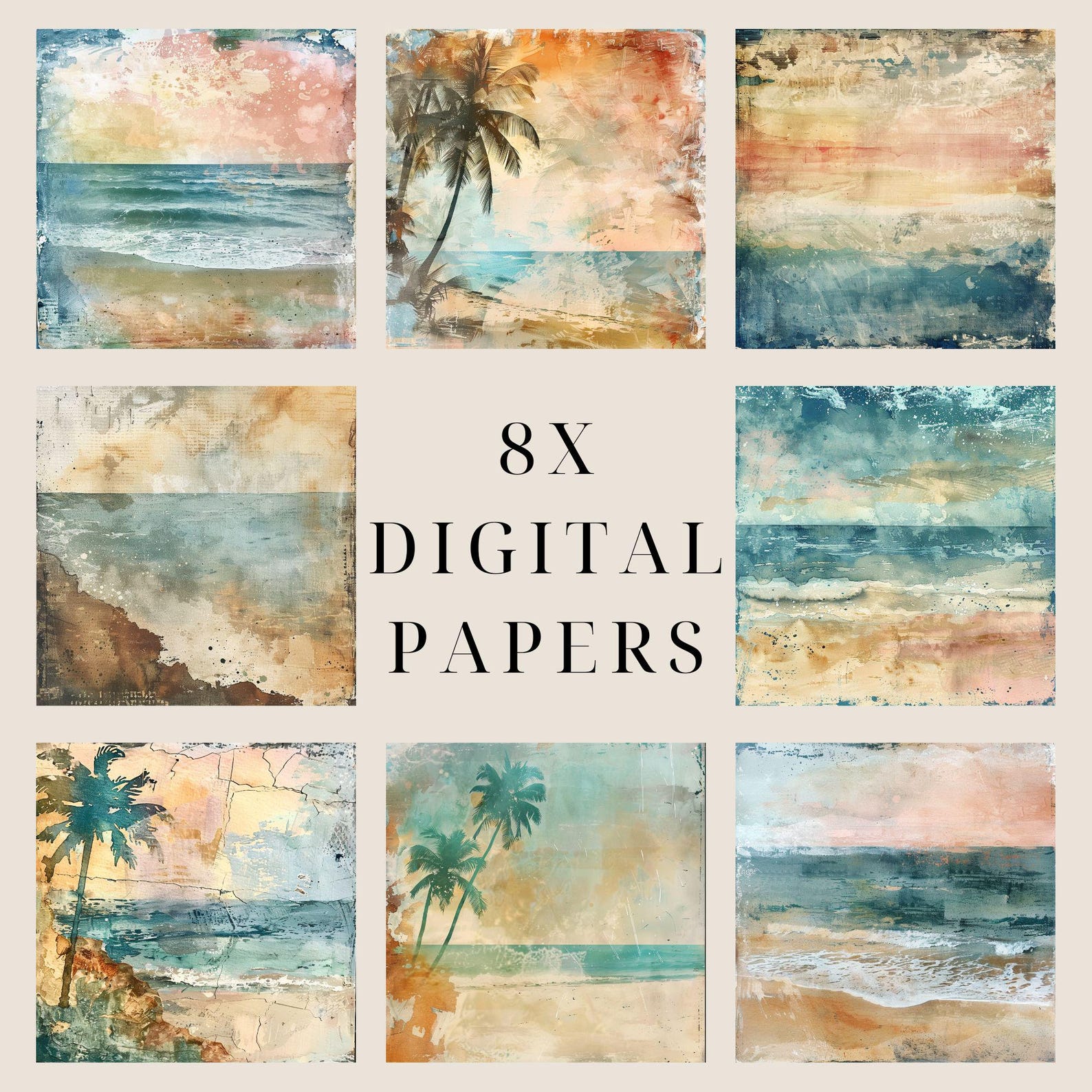 Caribbean Beach Digital Paper Pack: Abstract Coastal Scrapbook (12x12 ...