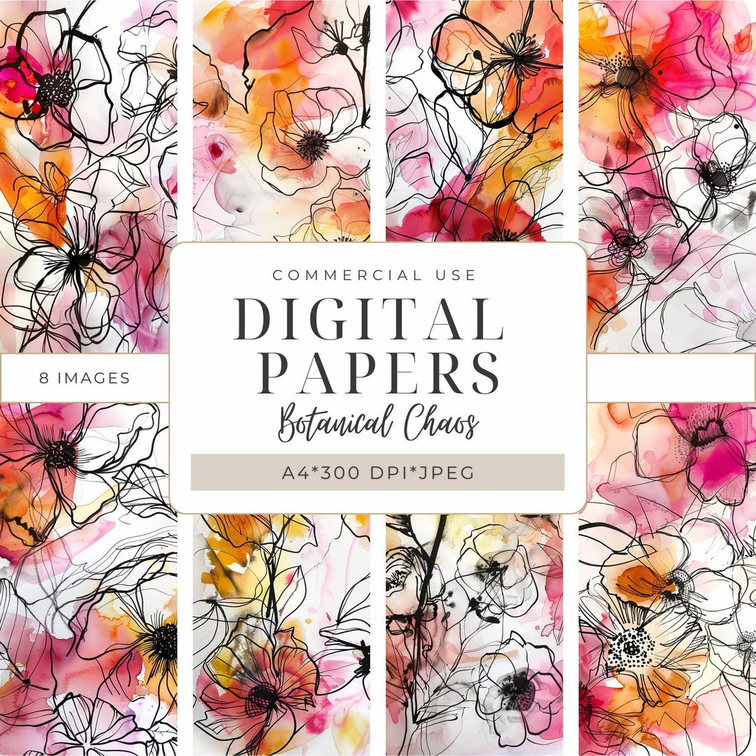Botanical Chaos – Abstract Floral Ink Digital Papers | A4 Size Mixed ...