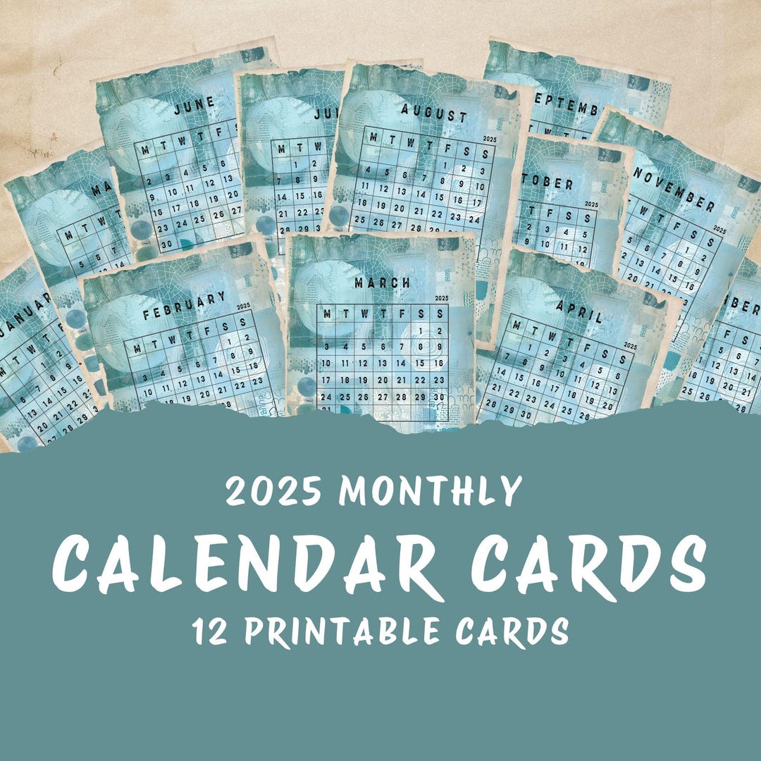 2025 Monthly Calendar Cards, Blue, Vintage I Printable Ephemera I Junk ...