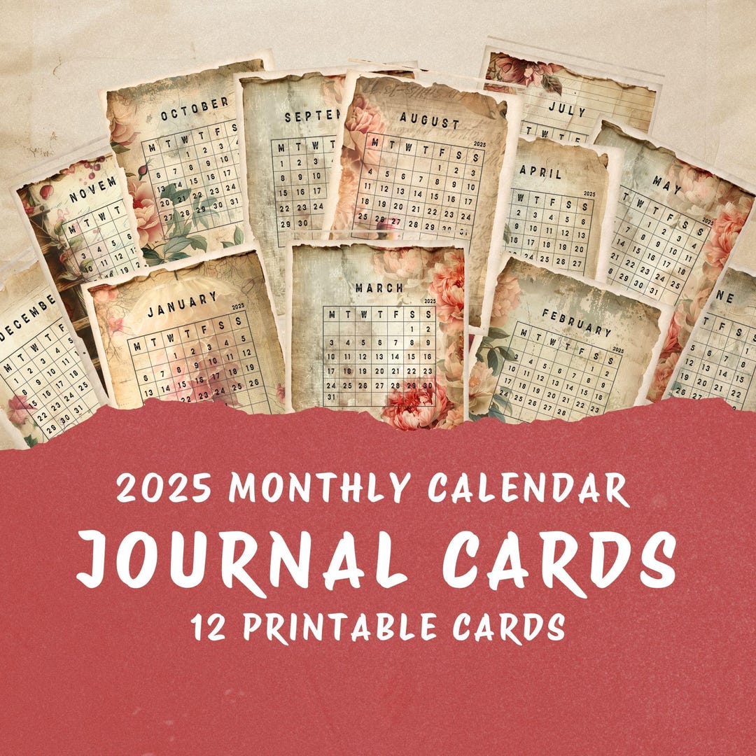 Vintage Red 2025 Monthly Calendar Cards I Printable Ephemera I Junk ...