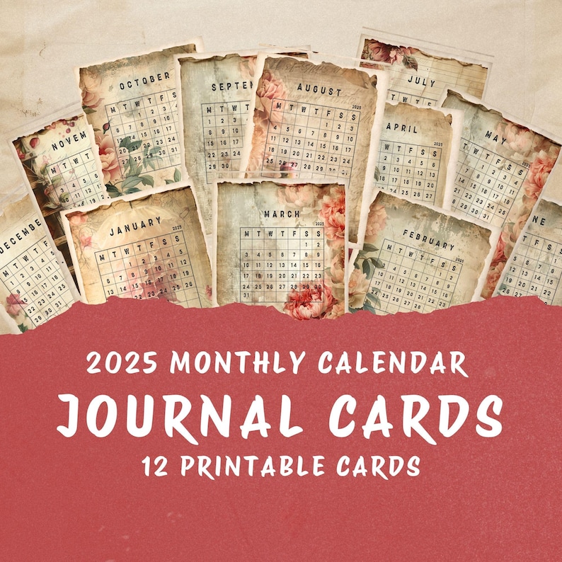 Vintage Red 2025 Monthly Calendar Cards I Printable Ephemera I Junk ...