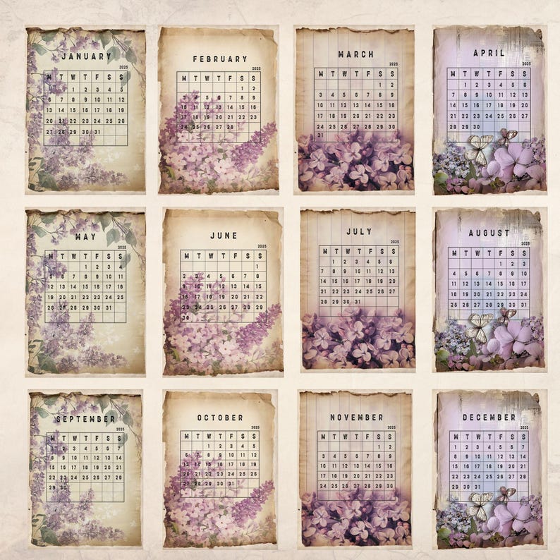 2025 Monthly Calendar Cards, Lilac, Vintage I Printable Ephemera I Junk ...